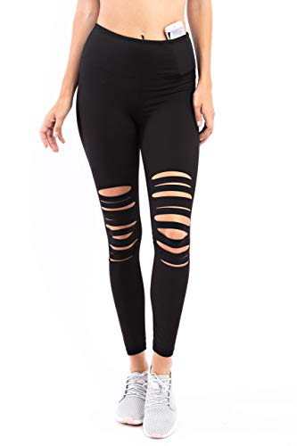 Hype Up Women's High Waisted Ripped Super Buttery Soft Active Wear Full Length Leggings with Inner Pocket (S-3X) Black