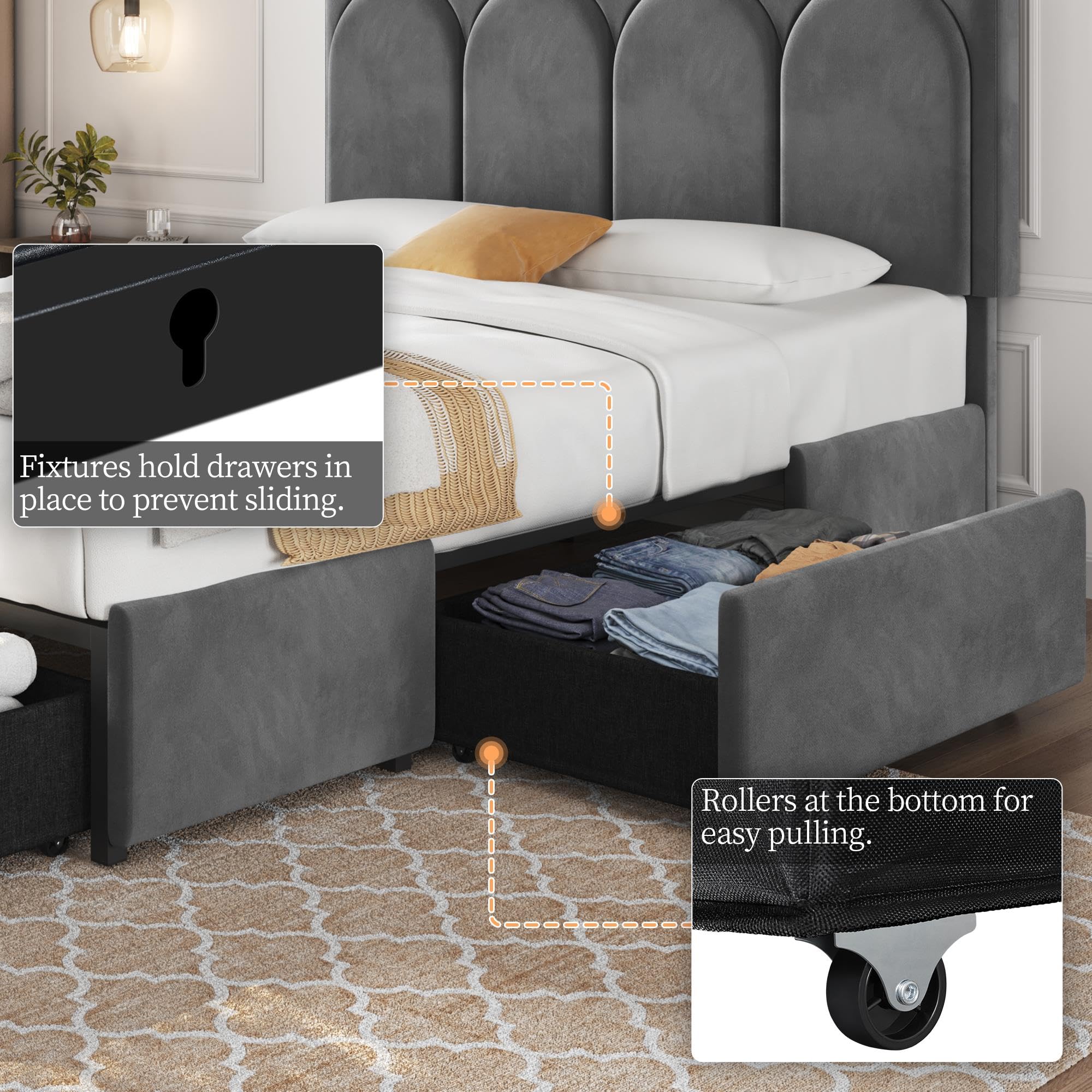 Yaheetech Queen Bed Frame Upholstered Platform Bed with 4 Drawers Storage and Adjustable Headboard,Arch Channel Tufted Headboard,Sturdy Wood Slat Support,No Box Spring Needed,Dark Gray Queen Bed