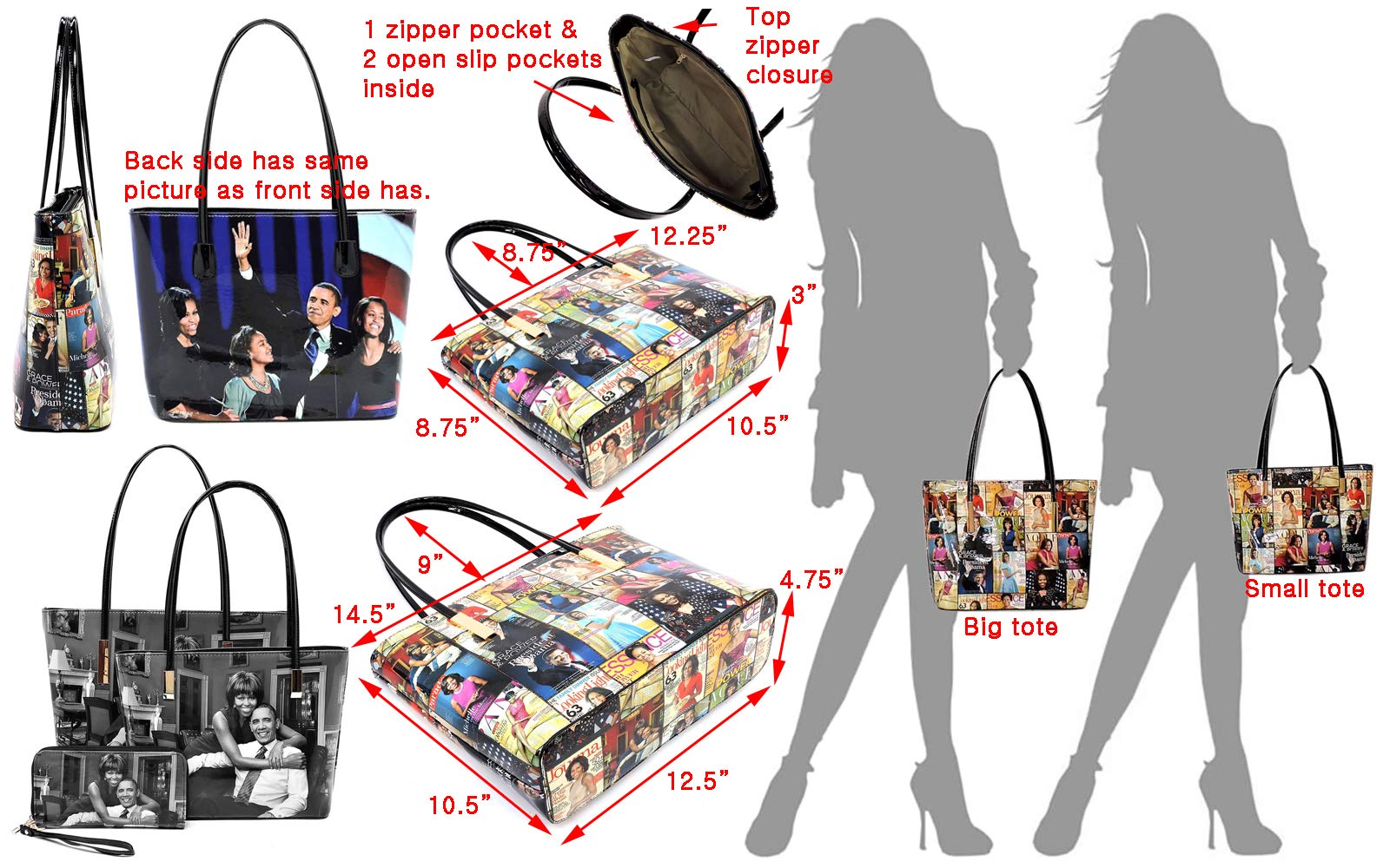 Glossy magazine cover collage Michelle Obama printed two stand alone tote bags and one matching wallet 3pcs set, 3 in 1 (Pic#A-MTBK)