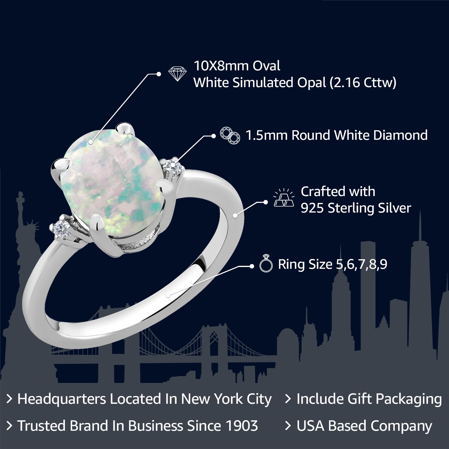 Gem Stone King 925 Sterling Silver Cabochon White Simulated Opal and White Diamond 3-Stone Engagement Ring For Women (2.16 Cttw, Available In Size 5, 6, 7, 8, 9)