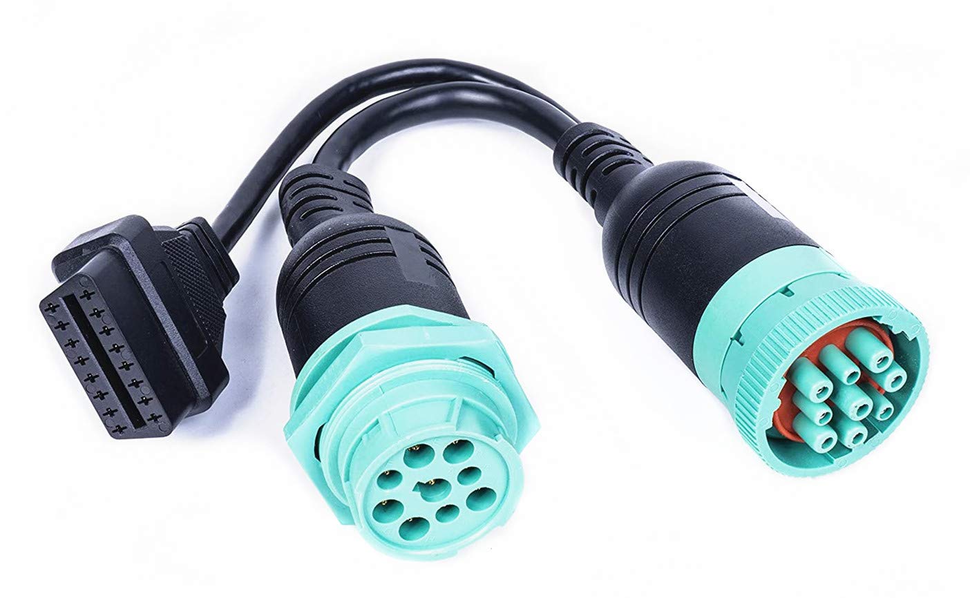 Green Type 2 J1939 9pin Female to OBD2 and to nut J1939 Male Splitter Y Cable for Truck Freightliner GPS ELD Tracker Moulded Type 30cm