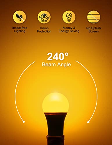 Yellow LED Light Bulbs [ 4 Pack ], A19 Bug Light Bulb Outside, 2000K Dimmable E26 Bug Lights 10W(60W Equivalent) Non-Attracting, Yellow for Porch Lights for Home, Halloween Decorative Illumination
