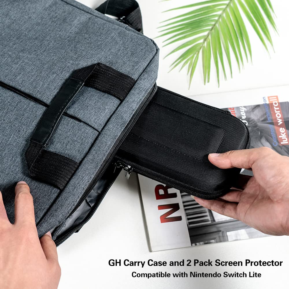 GH Switch Lite Case and Screen Protector x2, 1680d Nylon Fabric Black Carrying Case Compatible with Nintendo Switch Light, Ultra Clear Screen Protector Tempered Glass x2
