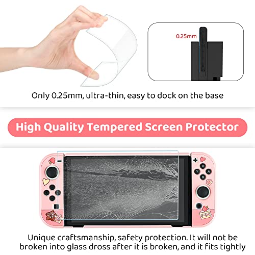 Improved - FANPL Cute Case for Nintendo Switch OLED, Pink PC Protective Cover for Switch OLED Console and Joy Con, Kawaii Skin with Thumb Cap & Screen Protector, Accessory for Girl - Dessert Cat & Dog