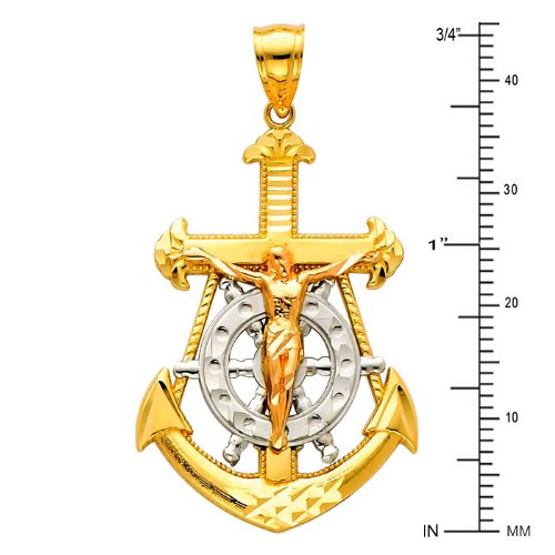 GoldenMine Fine Jewelry Collection 14k Tri Color Gold Jesus Crucifix Anchor Religious Charm Pendant