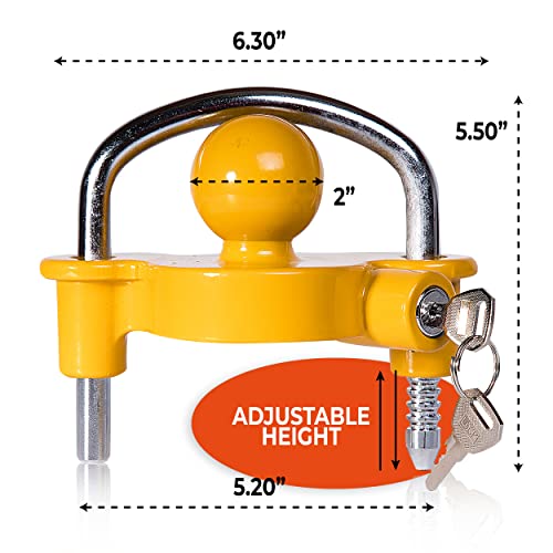 VaygWay Trailer Coupler Lock - Premium Quality Yellow Universal Anti-Theft Adjustable Storage Security Heavy-Duty Steel Trailer Ball Lock, Security Towing Lock Trailer, Boat -Fits 1-7/8",2β, 2-5/16"