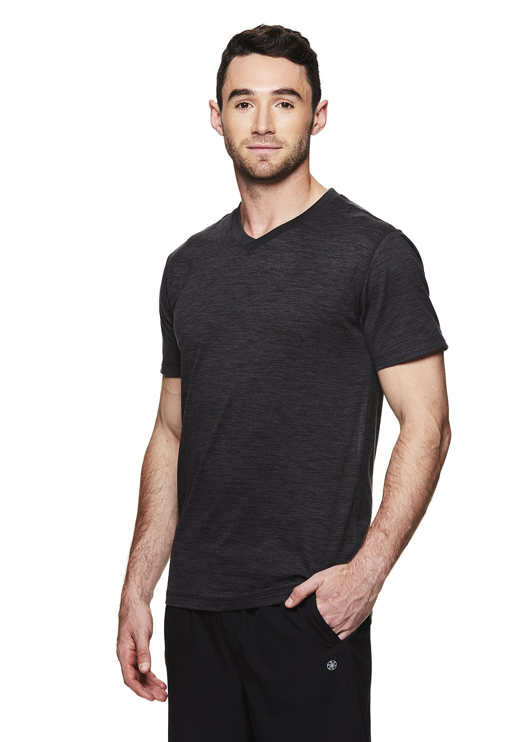 Gaiam Men's Everyday Basic V Neck T Shirt - Short Sleeve Yoga & Workout Top - Black Heather Everyday, X-Large