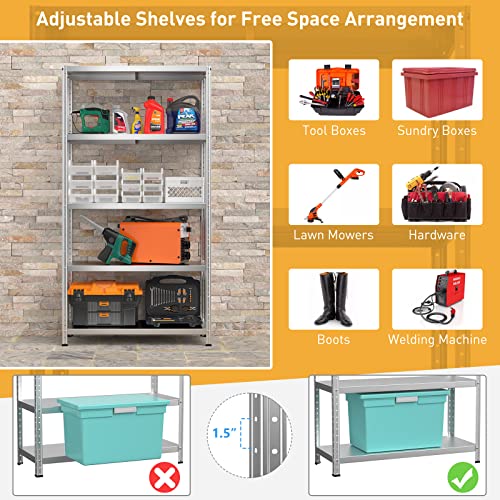 Tangkula Garage Storage Shelves for Free Combination, 5-Tier Heavy Duty Metal Shelving Unit, Multipurpose Organizing Rack for Basement Warehouse Garage, Simple Assembly, 39 x 16 x 74 Inch (1, Silver)