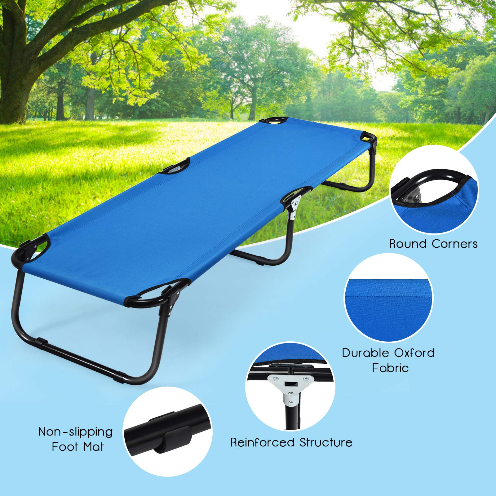 GYMAX Camping Cot, 330 LBS Folding Cot for Sleeping, Easy Set Up Cot Bed for Adults, Indoor &Outdoor Travel Adventure Picnic Hiking Cot for Patio Yard Home Office (Blue)