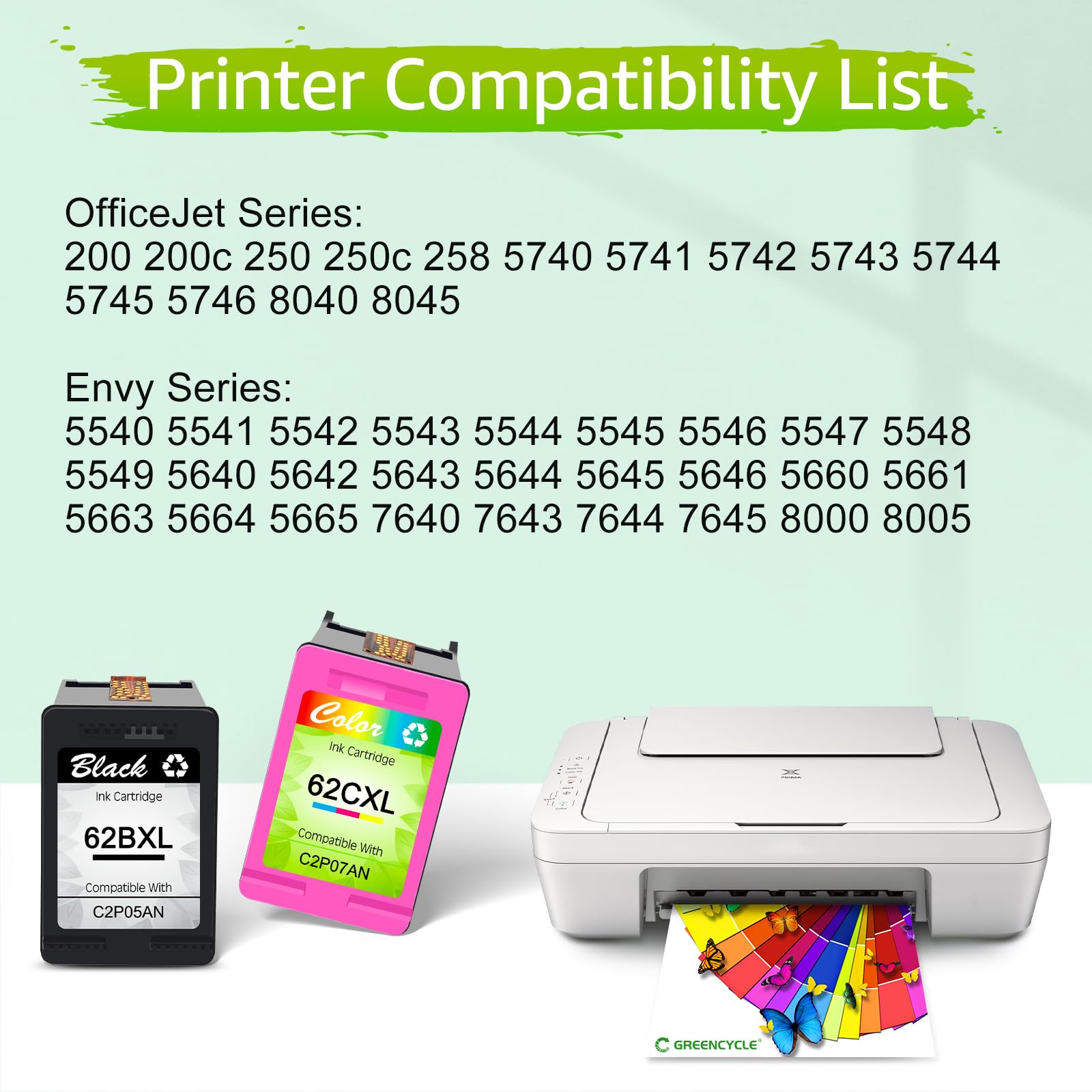 greencycle Remanufactured Ink Cartridge Replacement for HP 62XL 62 XL C2P05AN Compatible for Envy 5540 5640 5660 7644 7645 OfficeJet 5740 8040 OfficeJet 200 250 Series Printer (Black, 2 Pack)