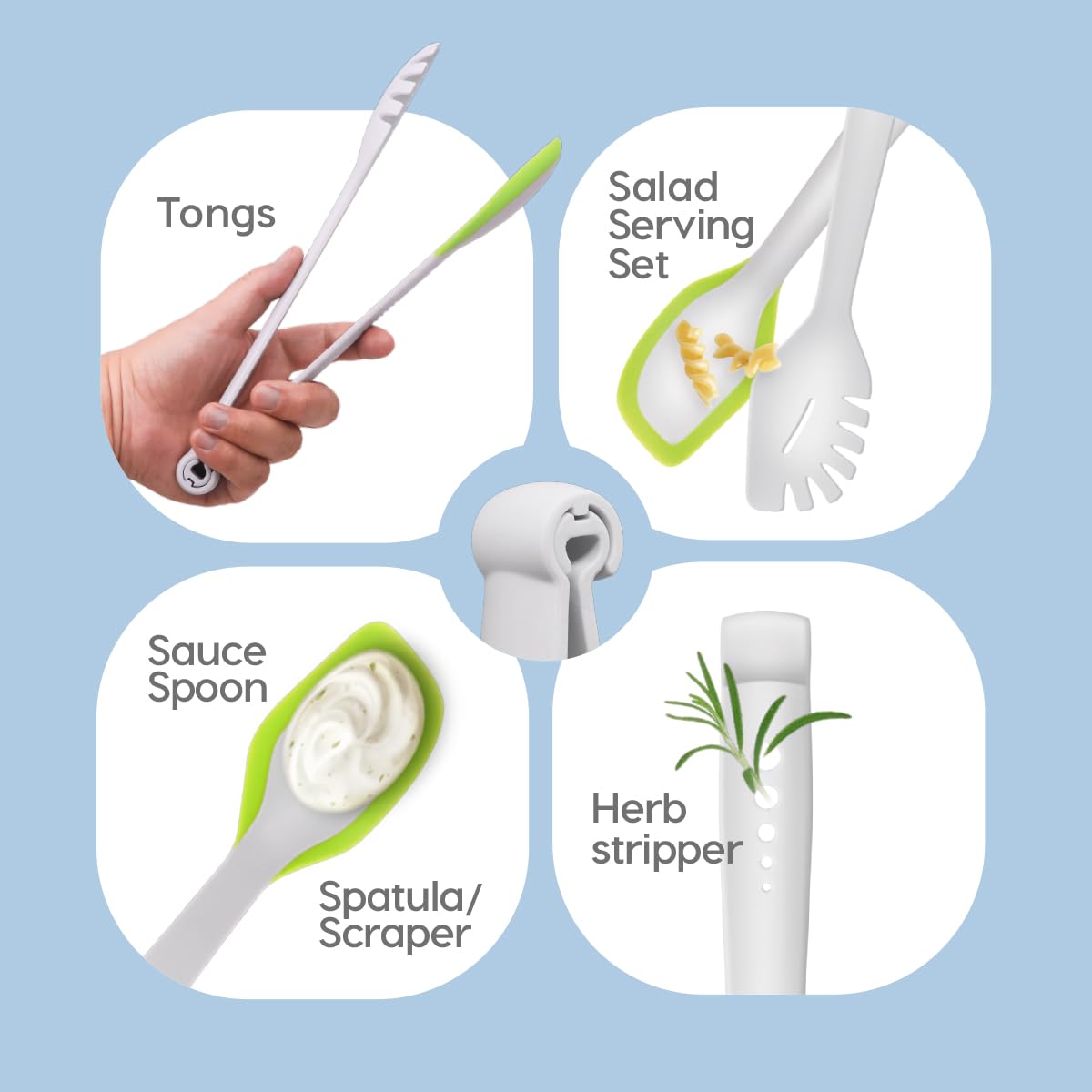 Grand Fusion 5 in 1 Tongs. Serving Set for Pasta or Salad, Herb Stripper, Sauce Spoon, Spatula - Scrapper,Fork and Spoon Spatula Grips. Heat Resistant, Non-Stick, and BPA Free