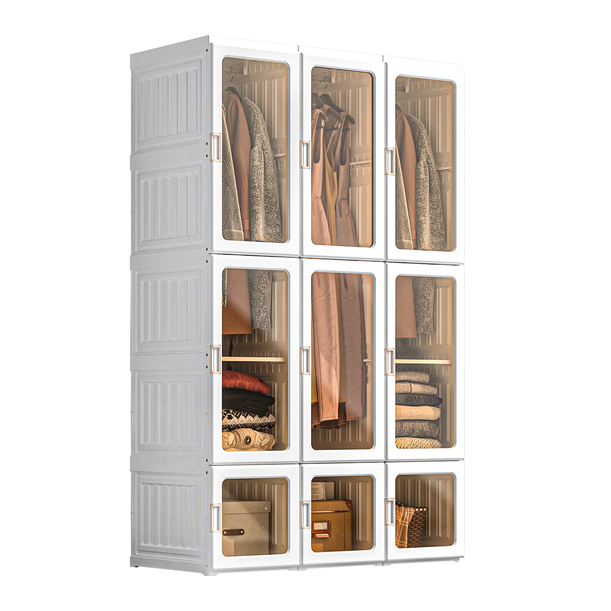 HAIS Portable Wardrobe Closet Storage Organizer Large Capacity 20" Deep Portable Plastic Closet Armoire (5 Cubes-3 Hanging Rods) Collapsible Foldable Organizer Cloakroom Wardrobe Magnetic Doors