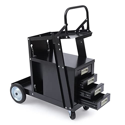 XUANIIIL Rolling Welding Cart with 4 Drawers Cabinet, Professional Welder Trolley with Wheels and Tank Storage, for TIG MIG Welder and Plasma Cutter, Heavy Duty Load Capacity 80kg Black