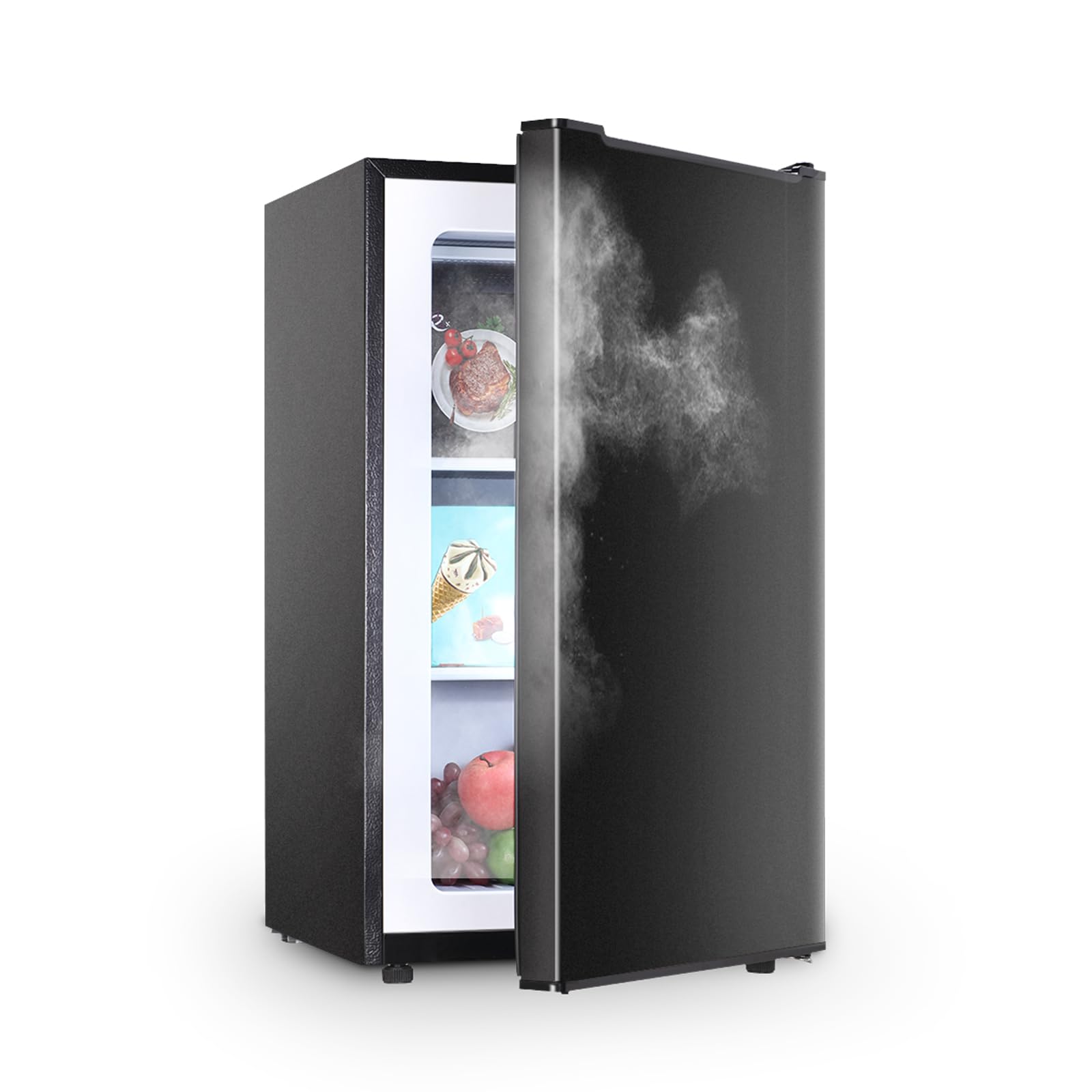 Upright Freezer with Reversible Single Door 3.5 Cubic Feet Stainless Steel Compact Freezer Black Adjustable Thermostat Removable Shelves Perfect for Garage Dorm and Kitchen