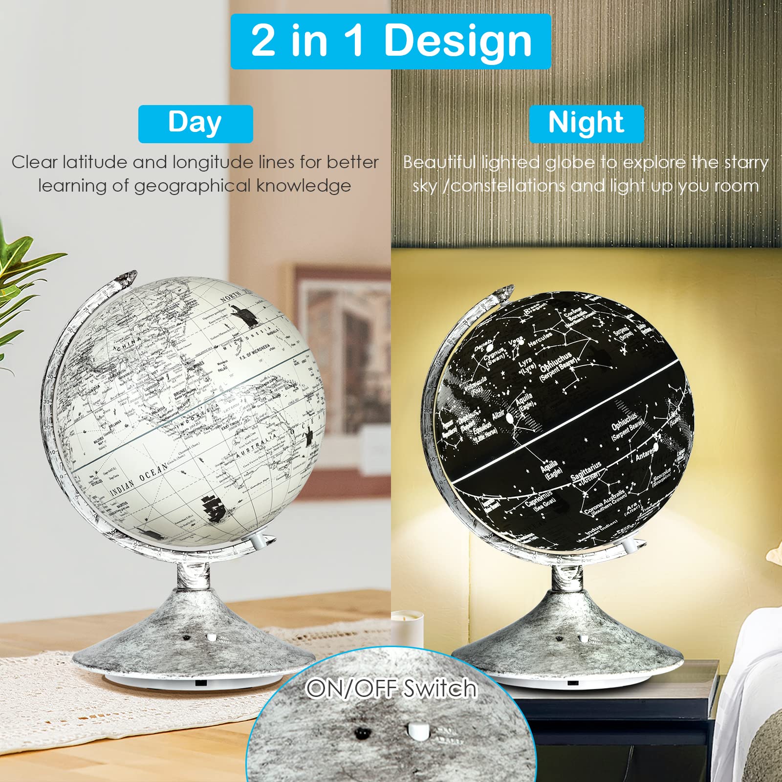 Goplus Illuminated Desktop World Globe, 13’’ 3 IN 1 Educational Geographic World Globe for Kids Learning, 360° Rotation Interactive Decorative Earth Globe w/Build-in LED Light, World Map and Constellation View for Classroom, Office