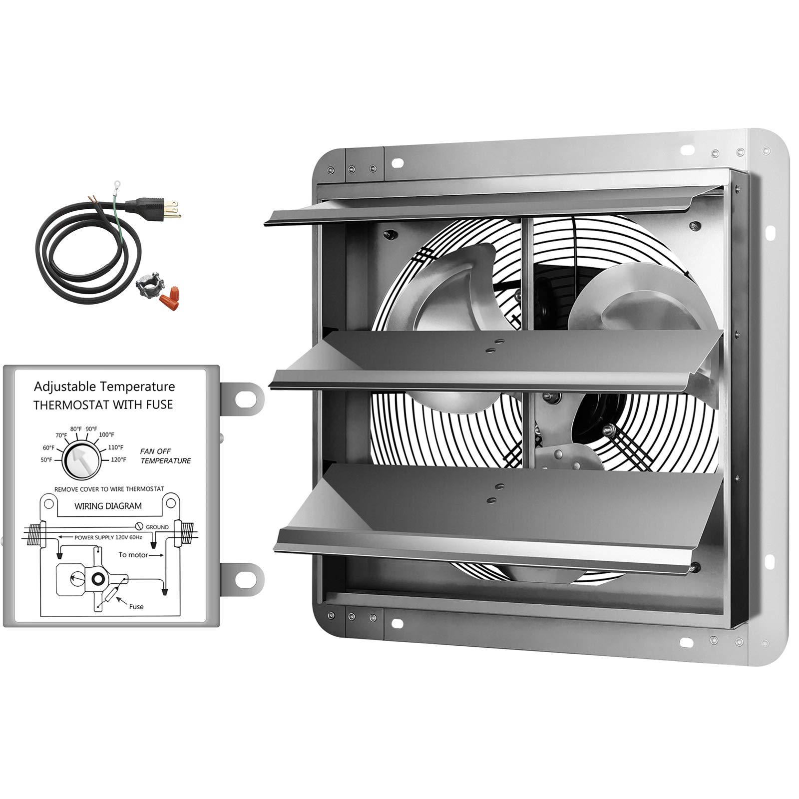 iPower 14 Inch Shutter Exhaust Fan Aluminum High Speed 1600RPM, 2000 CFM, Silver, with Adjustable Programmable Thermostat