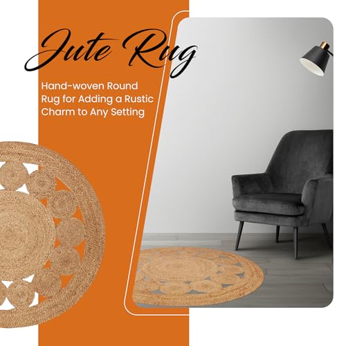 Tepo Round Jute Rug 3 ft, Braided Area Rug for Kitchen, Living Room and Bedroom, 100% Natural Rustic Hand Woven Rug, Round Woven Rug