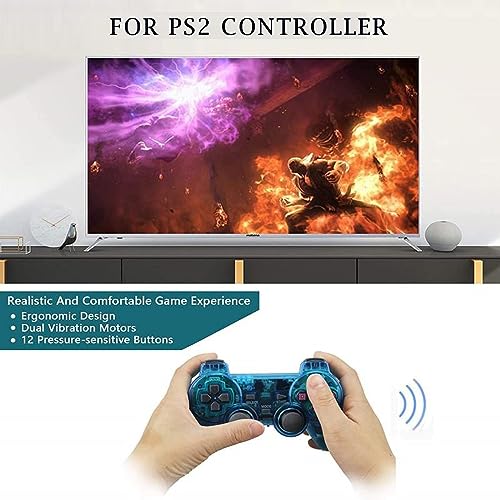 JINHOABF Wireless Controller for PS2,Built-in Dual Vibration 2.4G Gamepad Joystick Compatible for PS2 Controller,with Wireless Receivers (Clear Blue and Clear Purple)