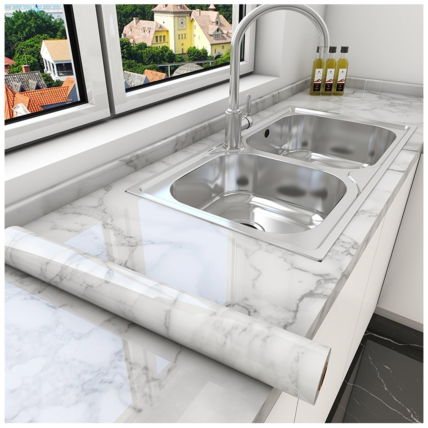 Yancorp 16"x120" White Gray Contact Paper Peel and Stick Wallpaper Marble Removable Wallpaper Pull and Stick Countertops Self-Adhesive Backsplash for Cabinets (16"x120")