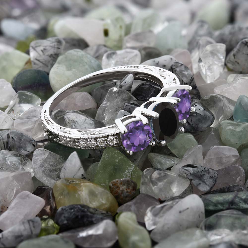 Gem Stone King 925 Sterling Silver Black Onyx and Purple Amethyst Engagement Ring For Women (1.82 Cttw, Gemstone Birthstone, Available In Size 5, 6, 7, 8, 9)