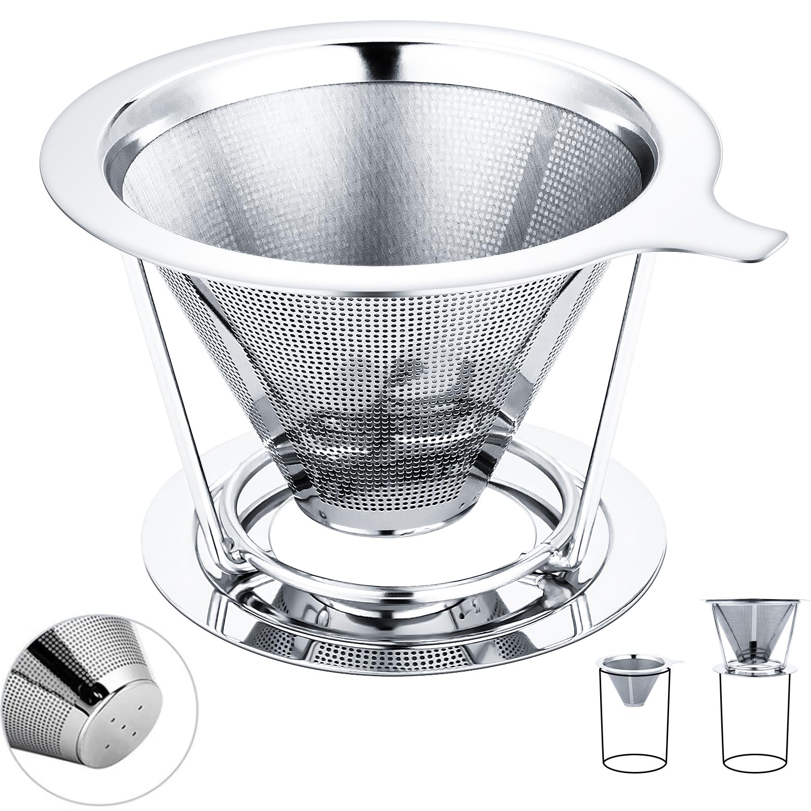 Yanyole Pour Over Coffee Maker,Coffee Filter,Slow Drip Paperless Stainless Steel Cone Coffee Dripper(1 Cup)