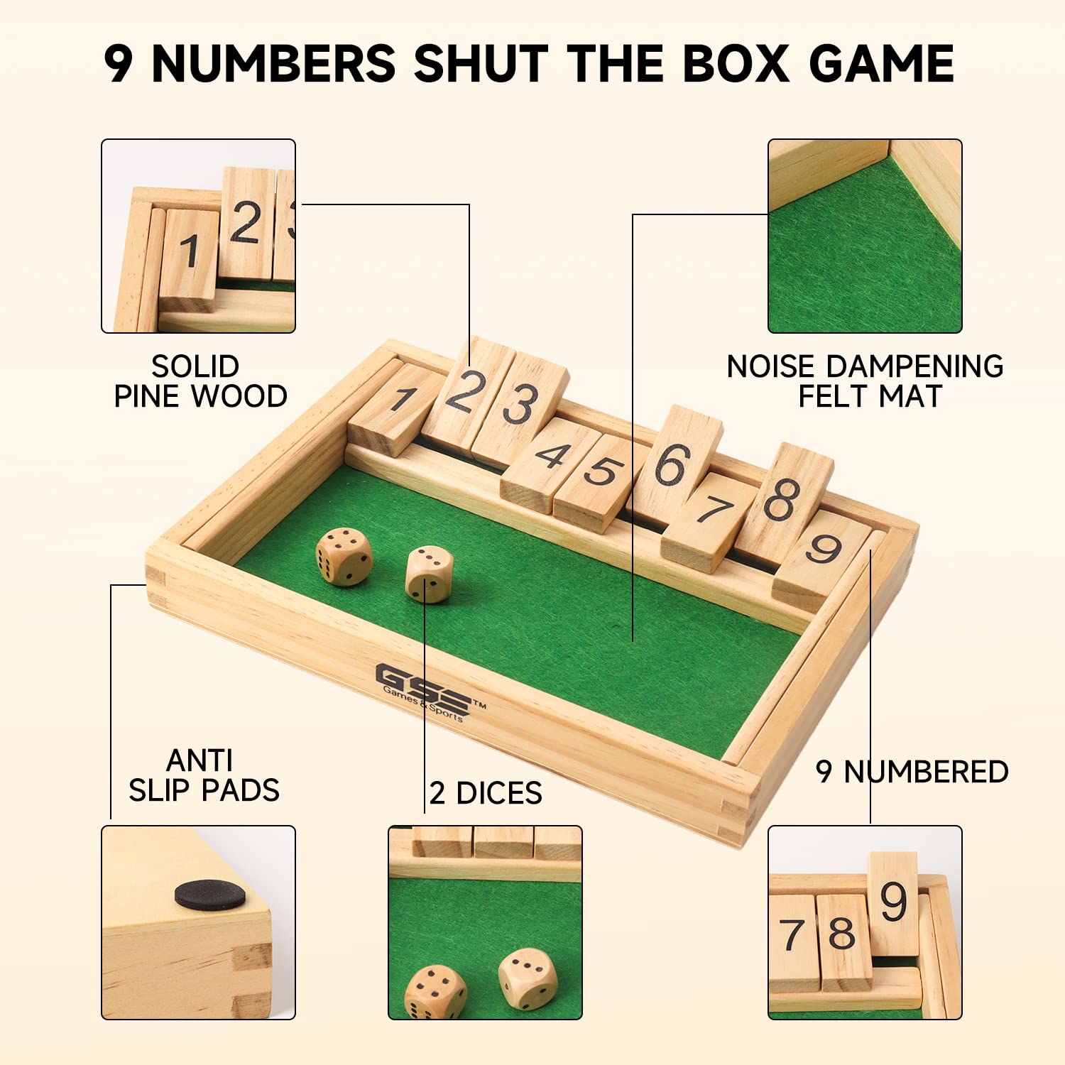 GSE Wooden Shut The Box 9 Numbers Dice Game Board with 2 Wooden Dices, Classic Tabletop Version of The Popular English Pub Game