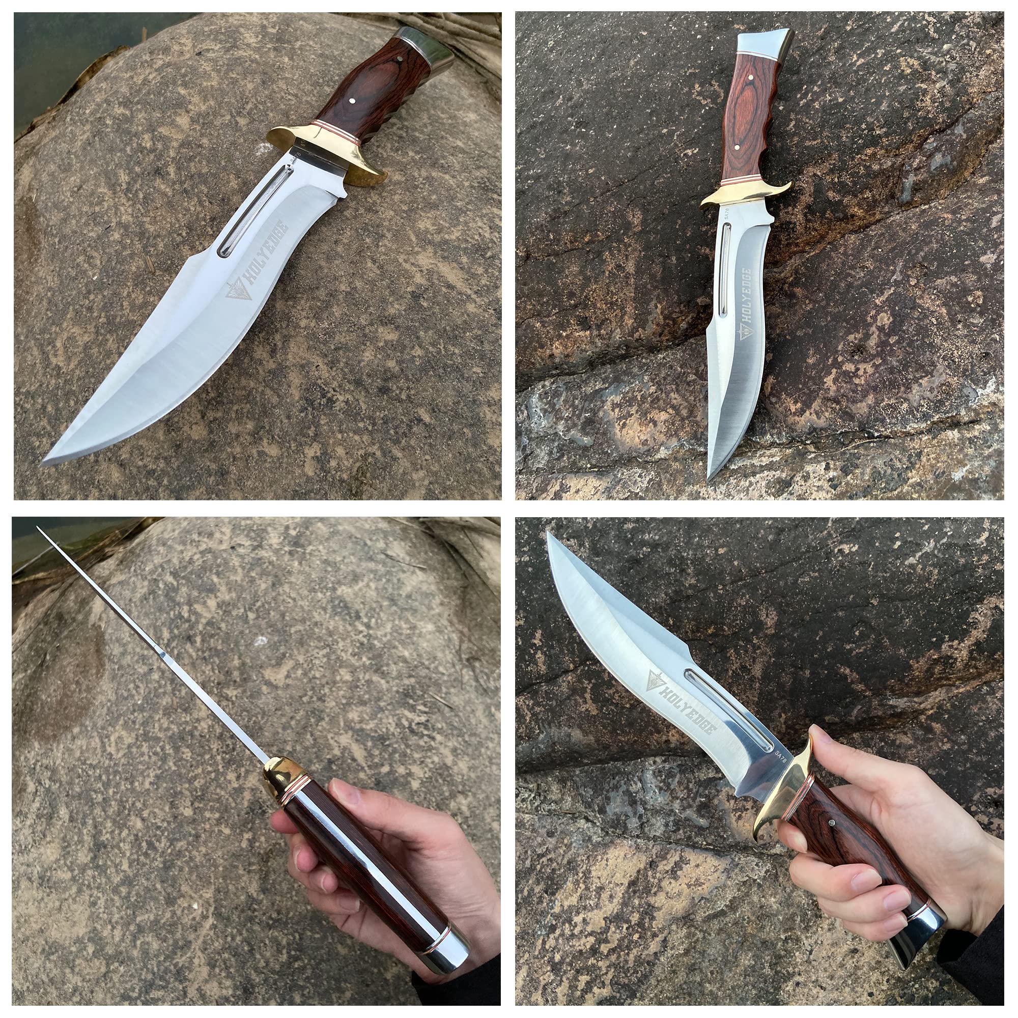 HOLYEDGE 12.2" Hunting Fixed Blade Knife with Wood Handle and Nylon Sheath- Best Outdoor Camping,Hunting,Fishing,Hiking Tactical Survival Knife