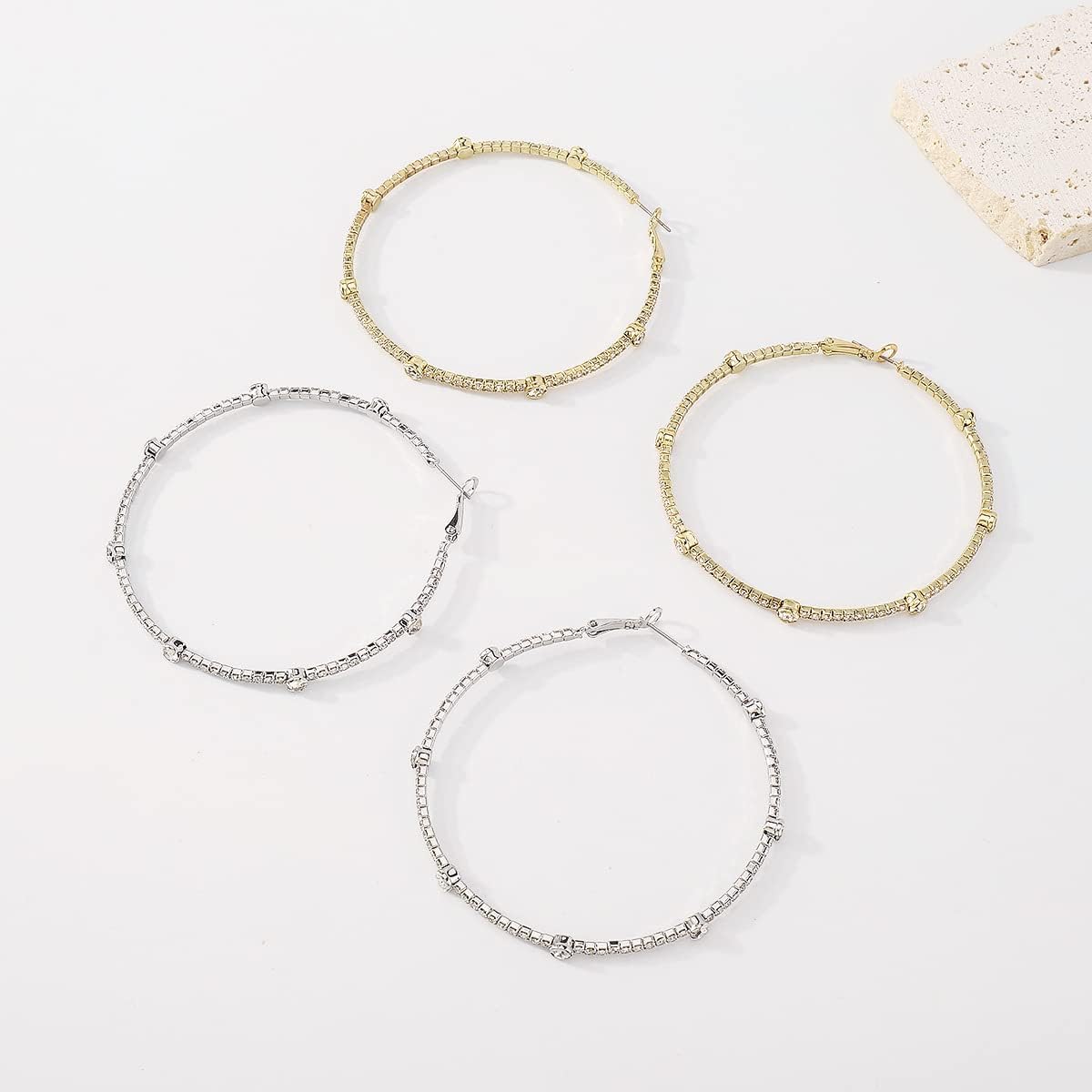 Jumwrit Big Rhinestone Hoop Earrings Large Round Circle Earrings Chain Dangle Earrings Sparkle Stud Earrings for Women Girls(Silver)