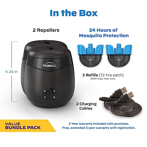 Thermacell E55 E-Series Rechargeable Mosquito Repeller with 20β Mosquito Protection Zone; 2 Pack Bundle, Graphite; Includes 12-Hr Repellent Refill; DEET Free Bug Spray Alternative; Scent Free