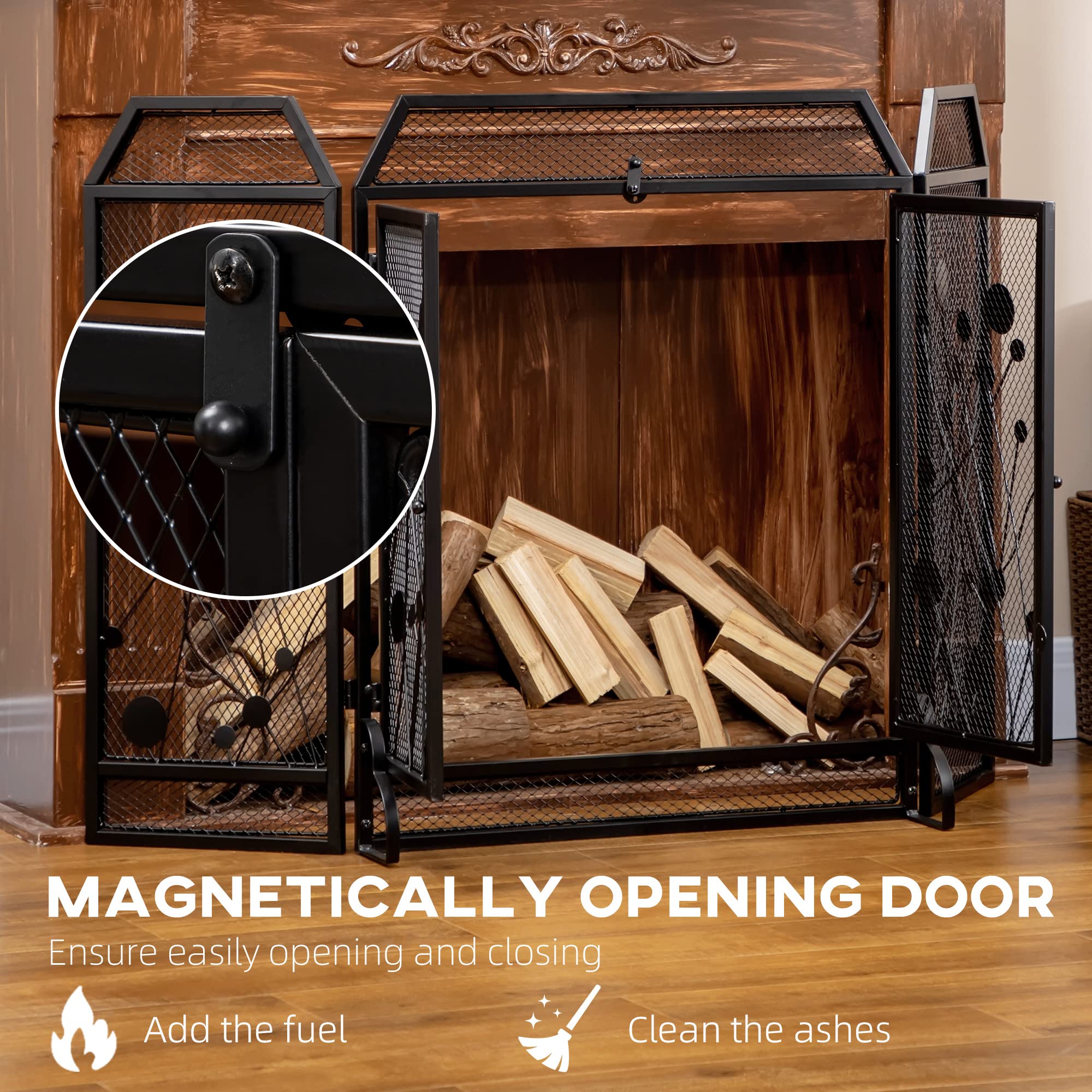 HOMCOM 3-Panel Metal Fireplace Mesh Screen Home Folded Steel Spark Protection with Magnetic Doors 49.25" x 31.5", Black
