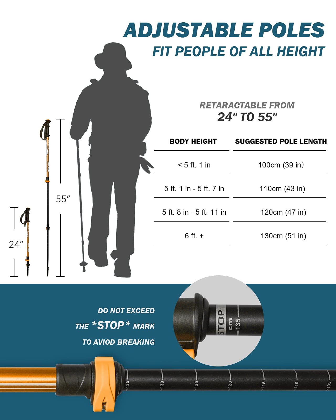 G2 Trekking Hiking Poles Telescopic/Aluminum Alloy/Comfort BMM Handle/Auto-Adjustable Strap/Quick Flip Lock/Snow Baskets Attached (Pack of 2 Poles), Orange