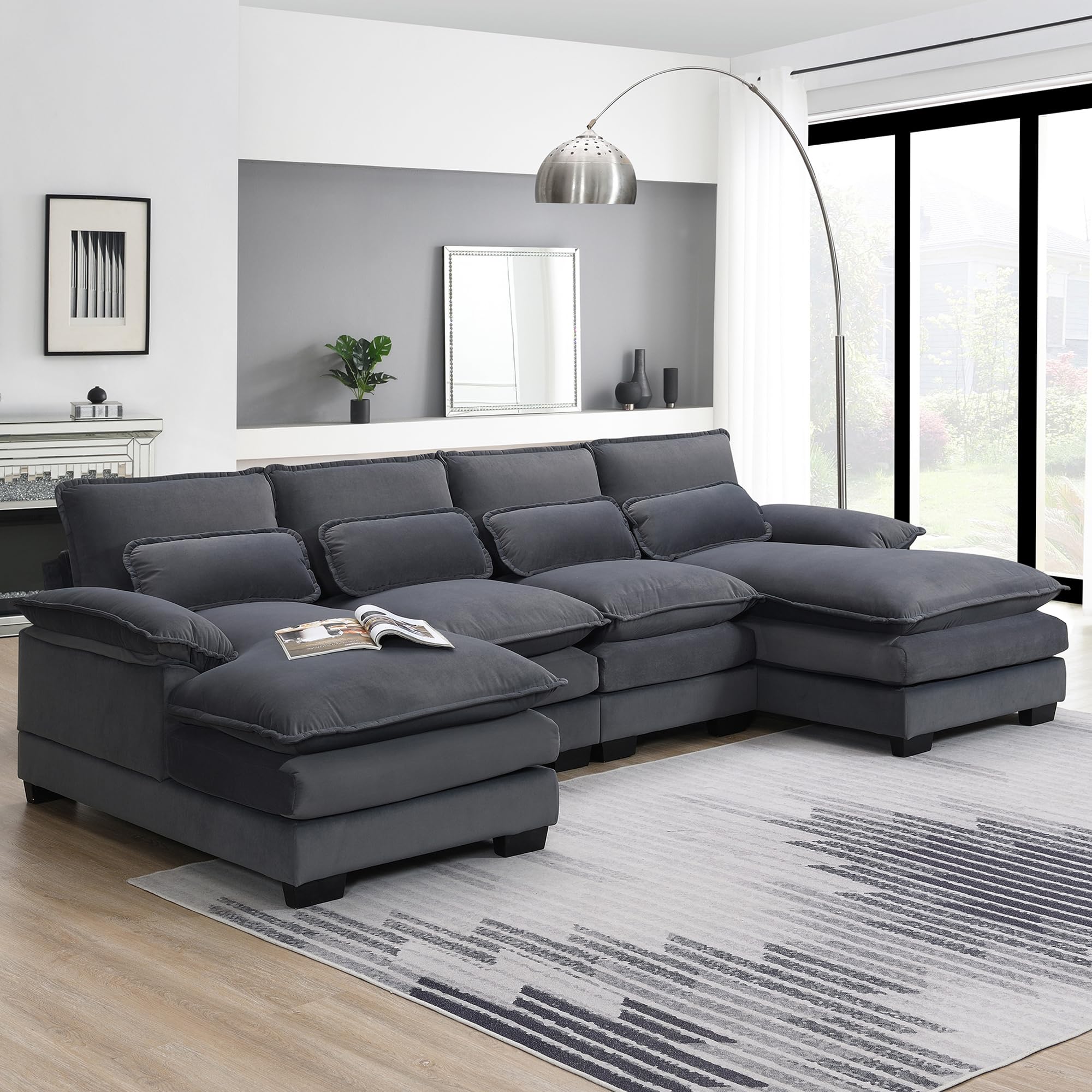 GNIXUU 109.8ā Sectional Sofa Cloud Couch for Living Room, Modern Velvet Large Overstuffed U Shaped Couch, Comfy Modular Sofa Sleeper with Double Chaise & Cushions(Gray)