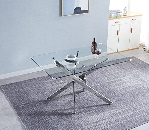 Yoluckea Modern Rectangular Glass Table Tempered Glass Dining Table with Stainless Steel Base Clear Beveled Edges Glass Kitchen Table for Home Kitchen Dining Room 51.20"W x 31.50"D x 29.50"H Silver