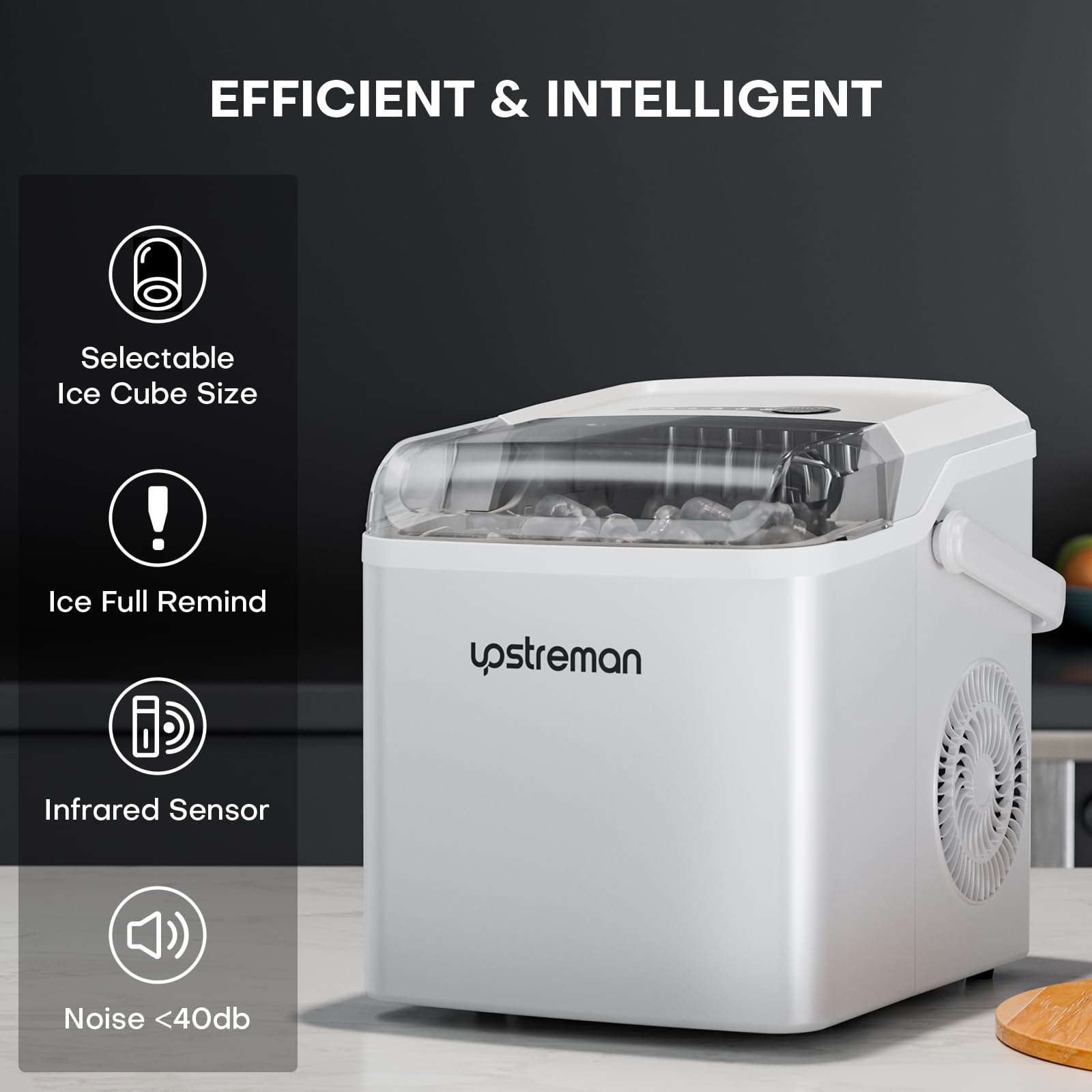 Upstreman Y90 Countertop Ice Maker, Self-Cleaning, Portable Ice Machine, 26Lbs/24 Hours, 9 Ice Cubes Maker Machine, Portable Bullet Ice Maker for Kitchen, Home, Bar, Office, White