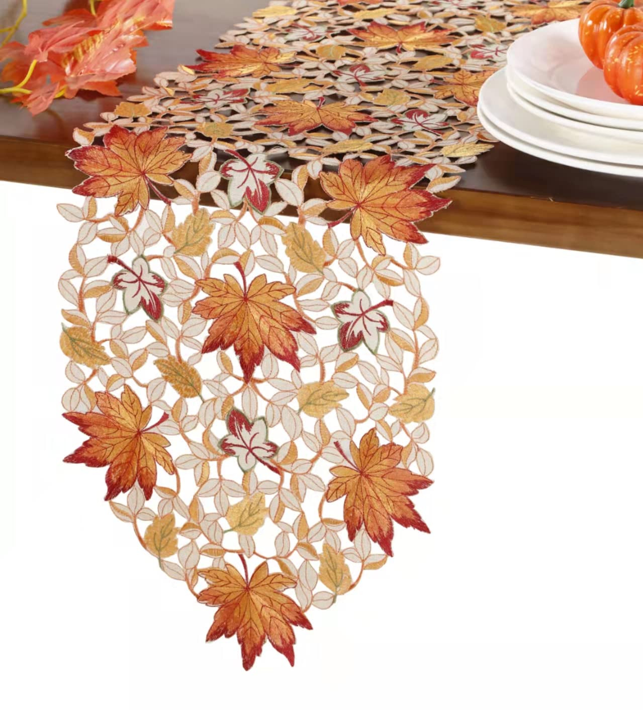 GRANDDECO Thanksgiving Harvest Table Runner Embroidered Cutwork Maple Leaves Dresser Scarf Table Cover Autumn Or Fall Decorations (Table Runner 13"x34")