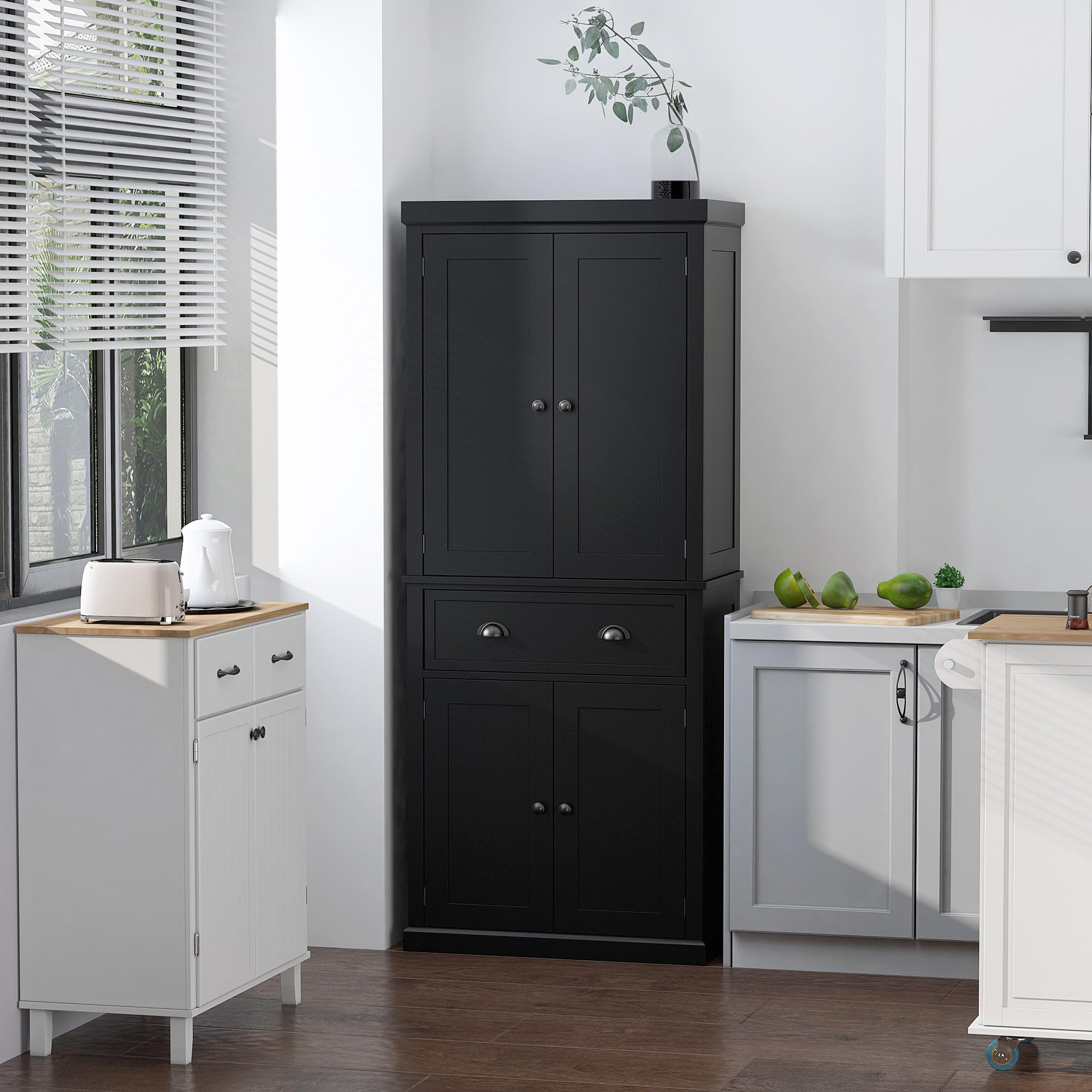 HOMCOM 72.5" Kitchen Pantry Cabinet, Traditional Freestanding Storage Cabinet with 4 Doors, Drawer and 3 Adjustable Shelves for Dining Room, Brown