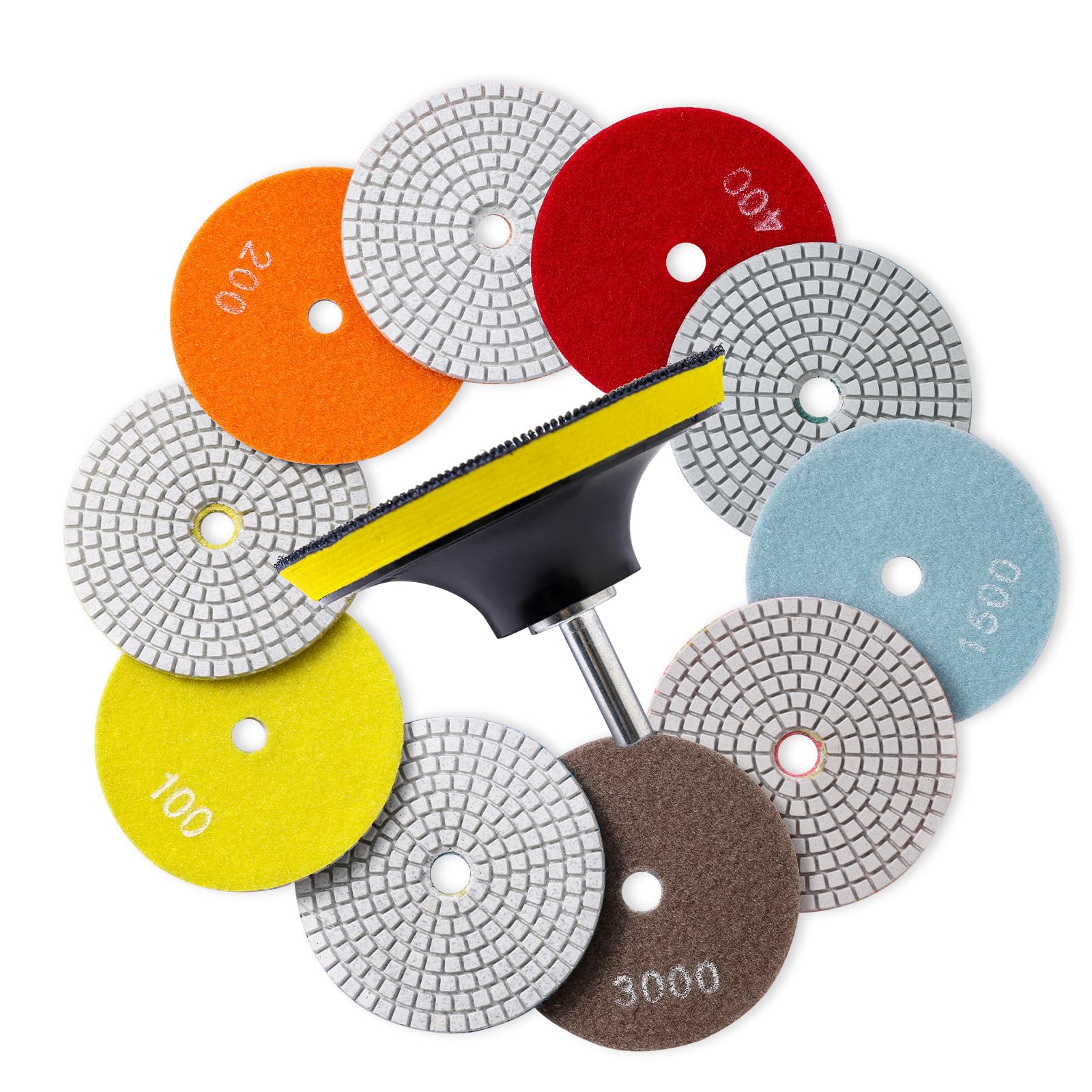 XKDOUS 13pcs Diamond Polishing Pads Set,50-8000 Grit Pads,Wet/Dry Granite Polish Kit with Backer Pad for Drill Grinder Rock Polisher Granite Marble Stone Concrete Tile Tools