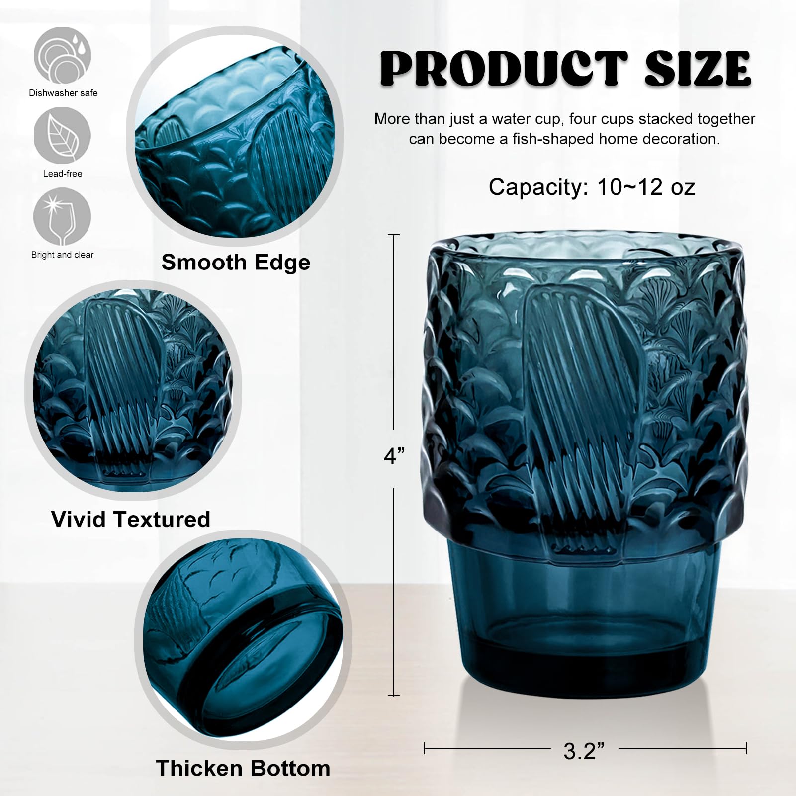 UPZAI 12oz Fish Design Drinking Glasses Set of 4, Stackable Old Fashioned Glass Cups Kitchen Glassware, Home Decor Aesthetic Water Cups for Beside Beverage Juice Coffee Beer Cocktail Whiskey (Blue)