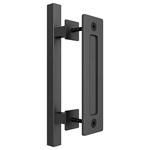 SMARTSTANDARD Heavy Duty 12" Pull and Flush Barn Door Handle Set, Large Rustic Two-Side Design, for Gates Garages Sheds Furniture, Solid Steel, Square, Black