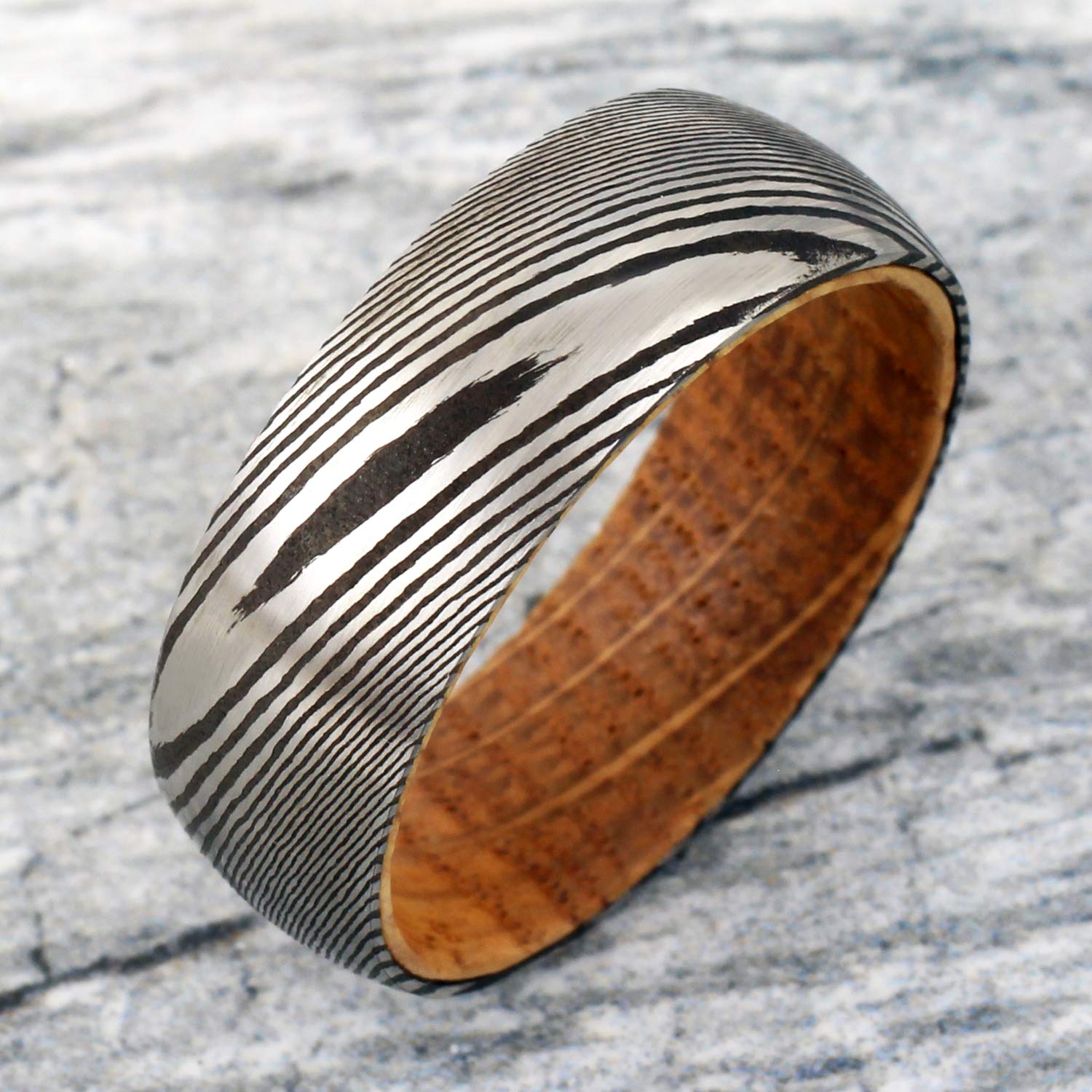 Gorgeous 8mm Damascus Steel Dome Band Ring with Wood Grain Finish and Whiskey Barrel Oak Wood Inner Band. (Stainless-Steel, 10.5)