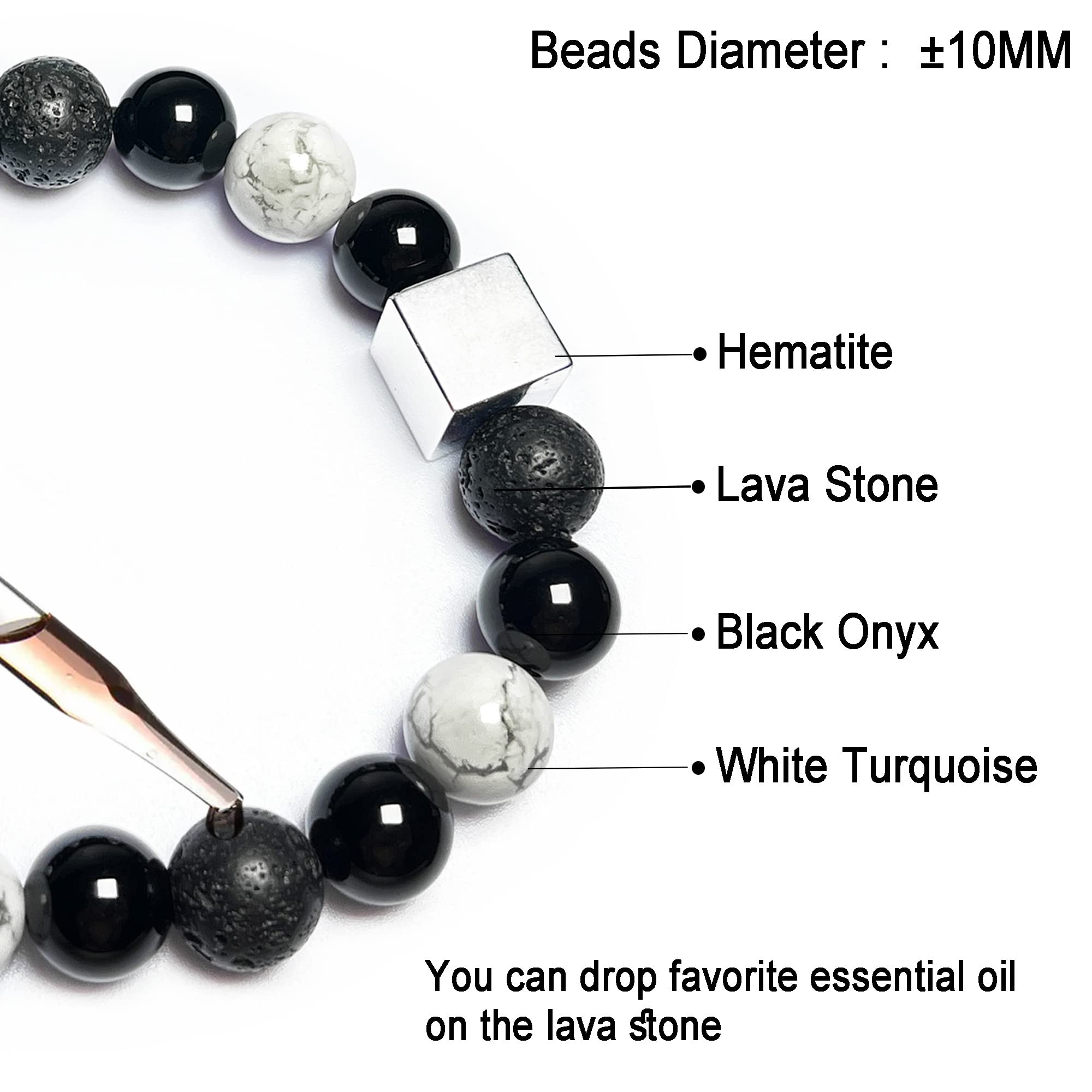 JYUCING Crystal Bracelet Natural Black Onyx Lava White Turquoise Stone Healing Stone 10mm Round Beads Hematite Square Bead Stretch Bracelet 7.2" Unisex