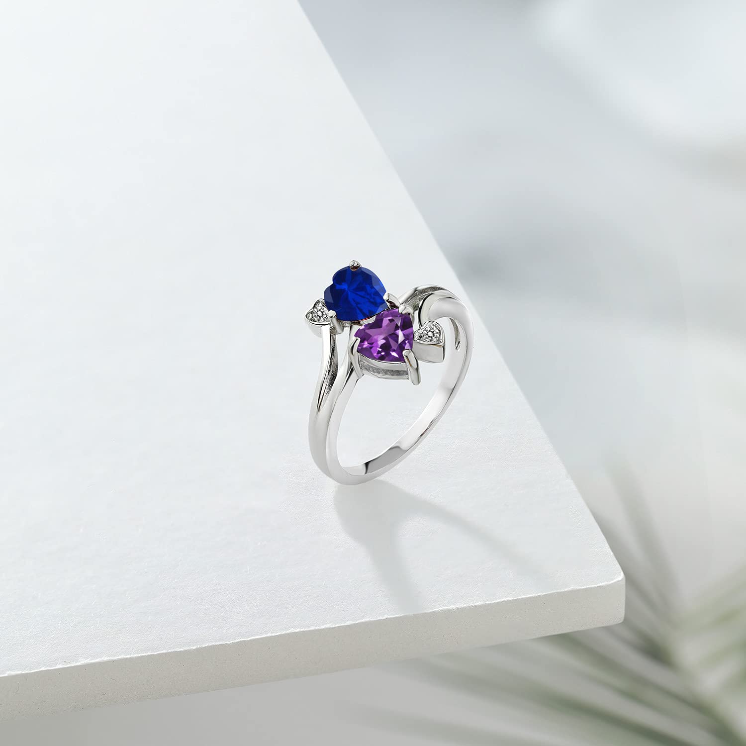 Gem Stone King 925 Sterling Silver Blue Created Sapphire Purple Amethyst and White Diamond Ring For Women (1.48 Cttw, Heart Shape 6MM, Gemstone September Birthstone, Available In Size 5, 6, 7, 8, 9)