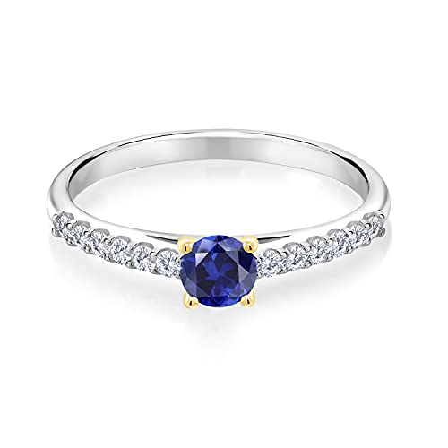 Gem Stone King 925 Sterling Silver Ring with 10K Yellow Gold Prongs Round Blue Created Sapphire and Moissanite (0.43 Cttw) (Size 9)