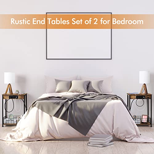 smusei Nightstand Set of 2 Bedroom Small End Table with Charging Station for Small Spaces 2 Tier Farmhouse Night Stands Bedside Tables with Storage Basket for Living Room