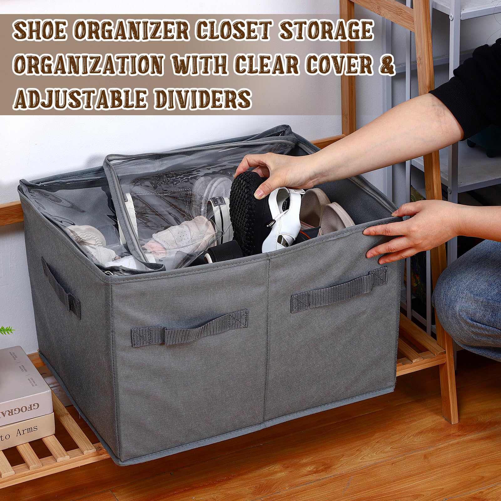 Irenare 2 Pcs Shoe Organizer for Closet Large Shoe Box Fits Total 24 Pairs Storage Containers Gray Boot Storage Shoe Bin for Entryway with Adjustable Dividers Clear Cover Handles