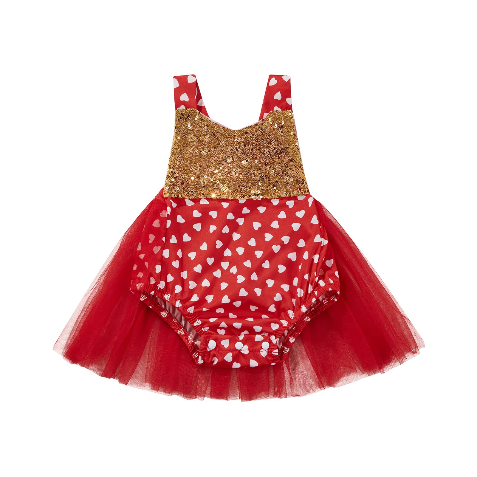 Yccutest Newborn Infant Baby Girl Valentines Day Bodysuit Outfit Toddler Onesie Sleeveless Heart Ruffle Romper Dress Headband (Red Romper Tulle Dress, 0-6 Months)