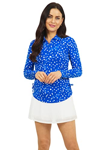 IBKUL Athleisure Wear Sun Protective UPF 50+ Icefil Cooling Tech Evelyn Print Adjustable Length Long Sleeve Polo - 48186 Blue/White Evelyn L