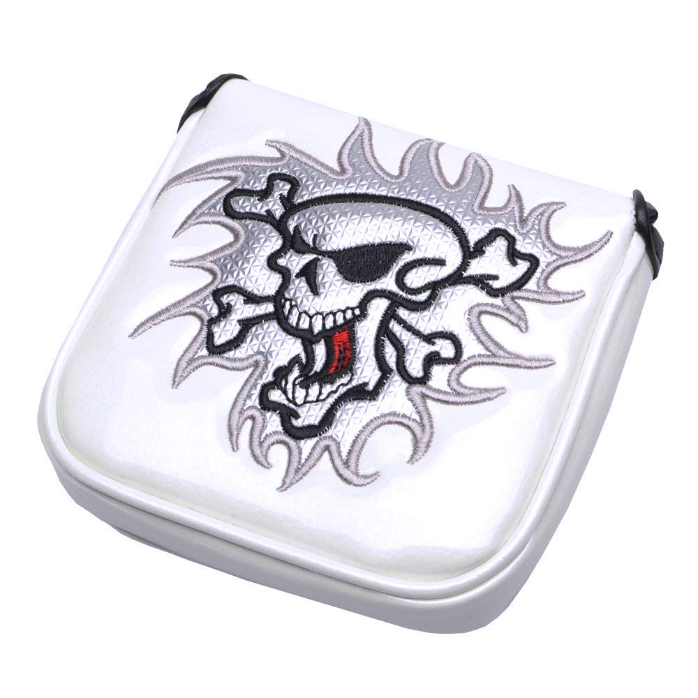 GOOACTION Skull Golf Club Heel Shafted Square Mallet Putter Cover Magnetic Closure Design Synthetic Leather Putters Headcover White