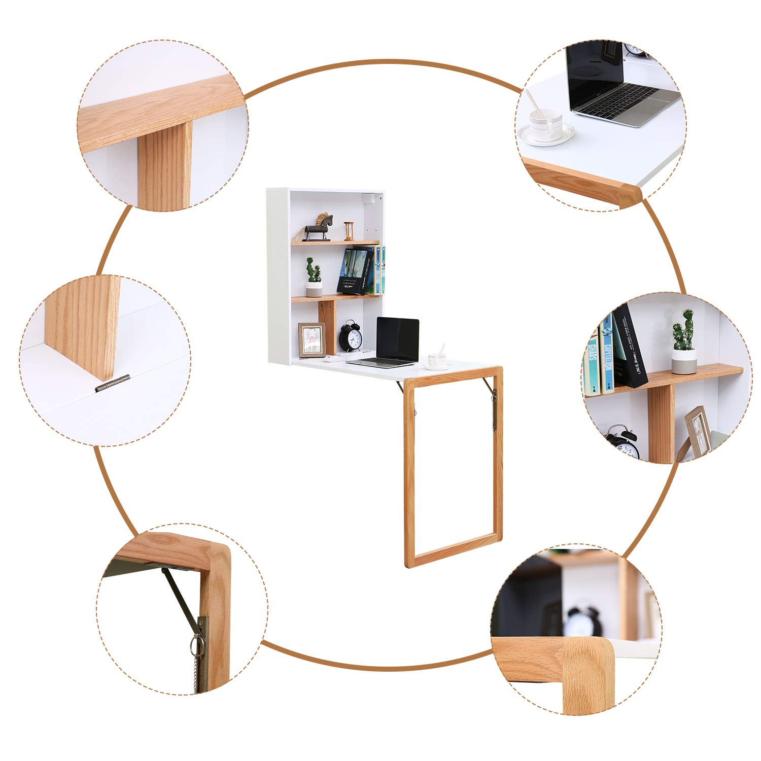 HOME BI Wall Mounted Table Fold Out Convertible Desk Multi-Function Computer Writing Dining Home Office Desk with Large Storage Area