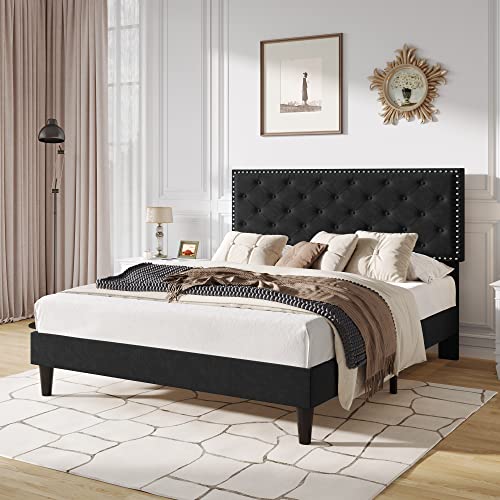 SHA CERLIN Queen Size Velvet Bed Frame, Upholstered Platform Bed with Adjustable Diamond Button Tufted Headboard, Rivet Ornament, Wood Slat Support, No Box Spring Needed, Easy Assembly, Black